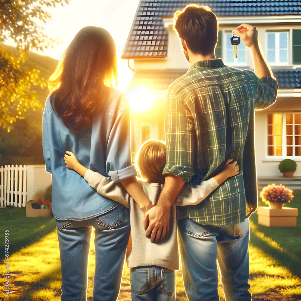 family from the back view, two adults and one child, holding keys in ...