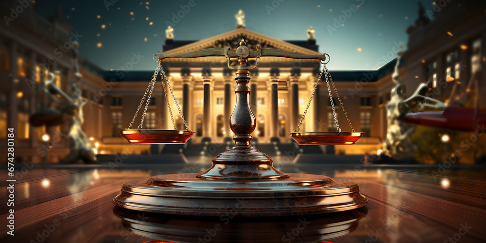 court house building background banner with fairness scales of justice ...