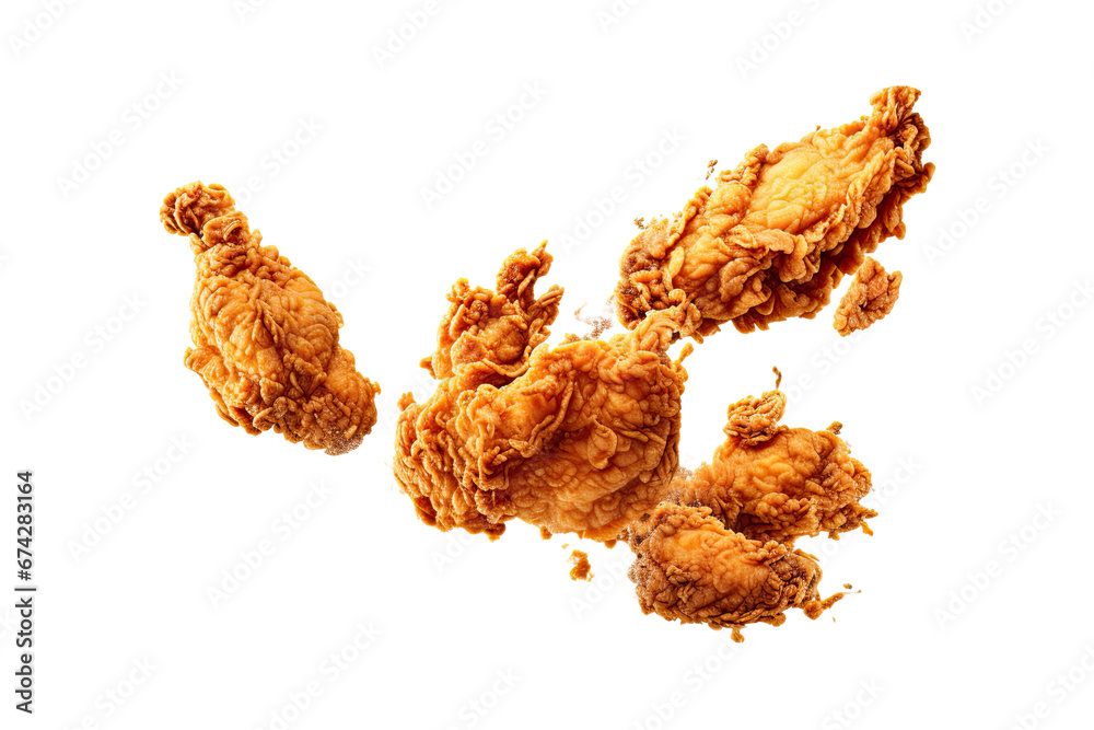 Fried chicken falling in the air isolated on white background Stock ...