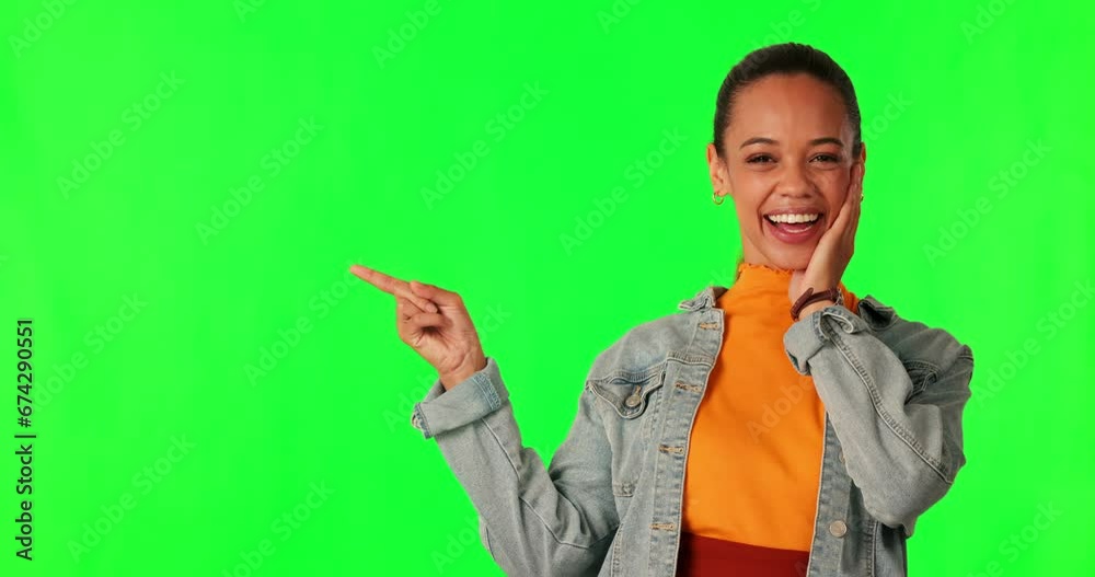 Green screen, smile and woman surprise, pointing or shocked facial expression over promotion ...