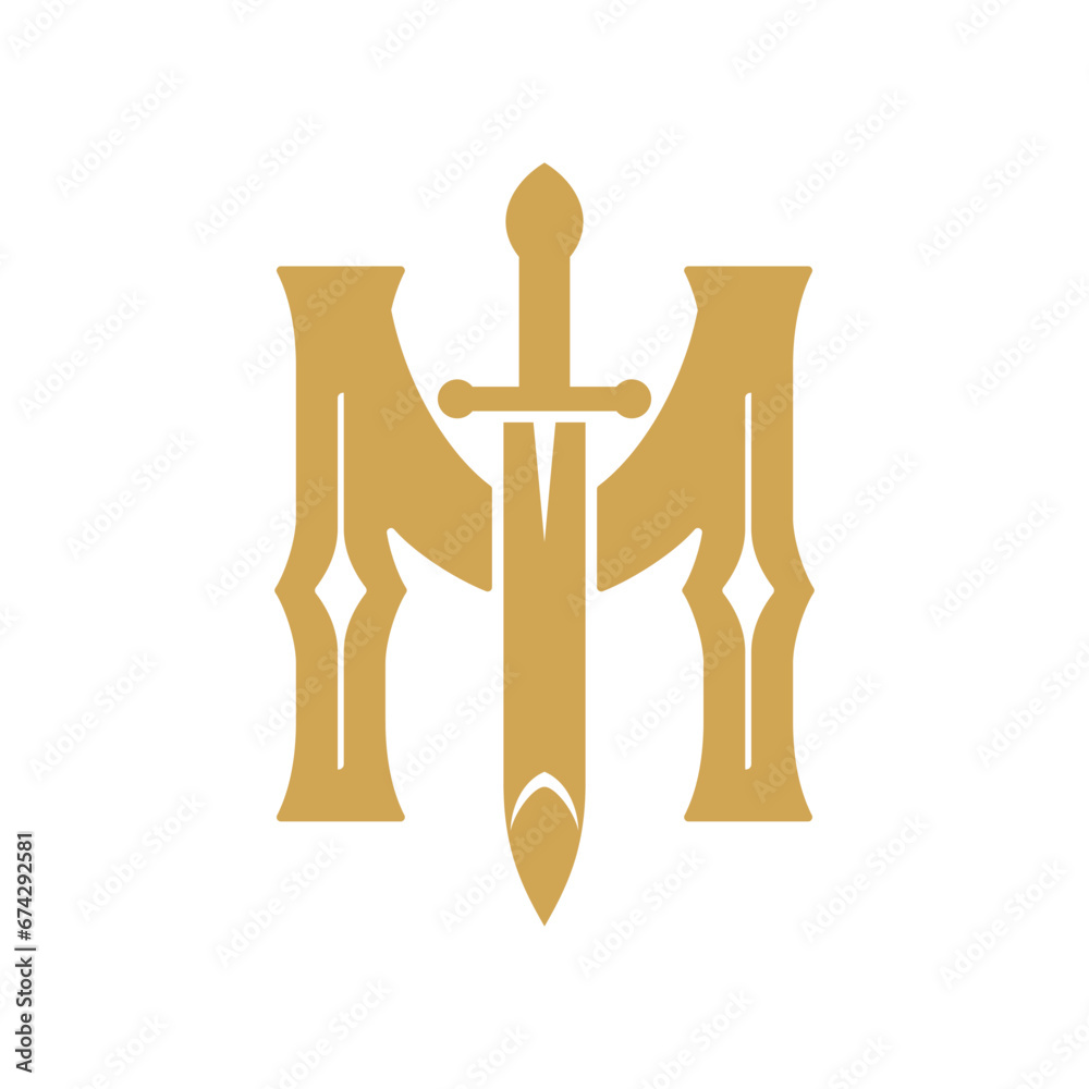 Classic vintage letter M logo with sword Stock Vector | Adobe Stock
