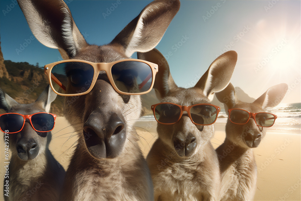wefie of Kangaroo family on a beach, happy face, wide smile Stock ...