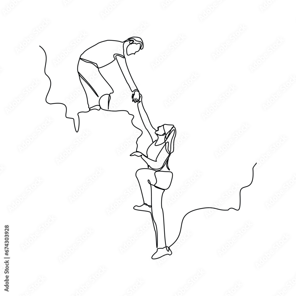 Continuous single line sketch drawing group of people man woman helping ...