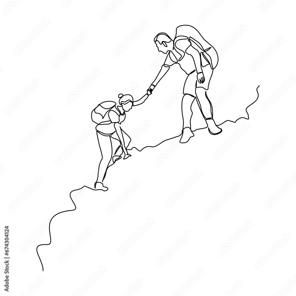Continuous single line sketch drawing group of people man woman helping ...