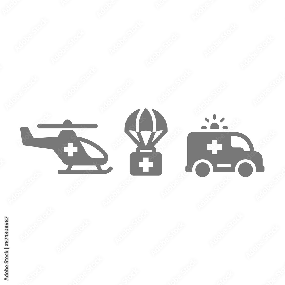 Medical aid, helicopter and parachute vector icons. Medicines delivery ...