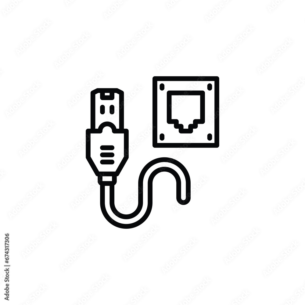 Ethernet cable and port, LAN wire cable computer outline icon. Vector ...
