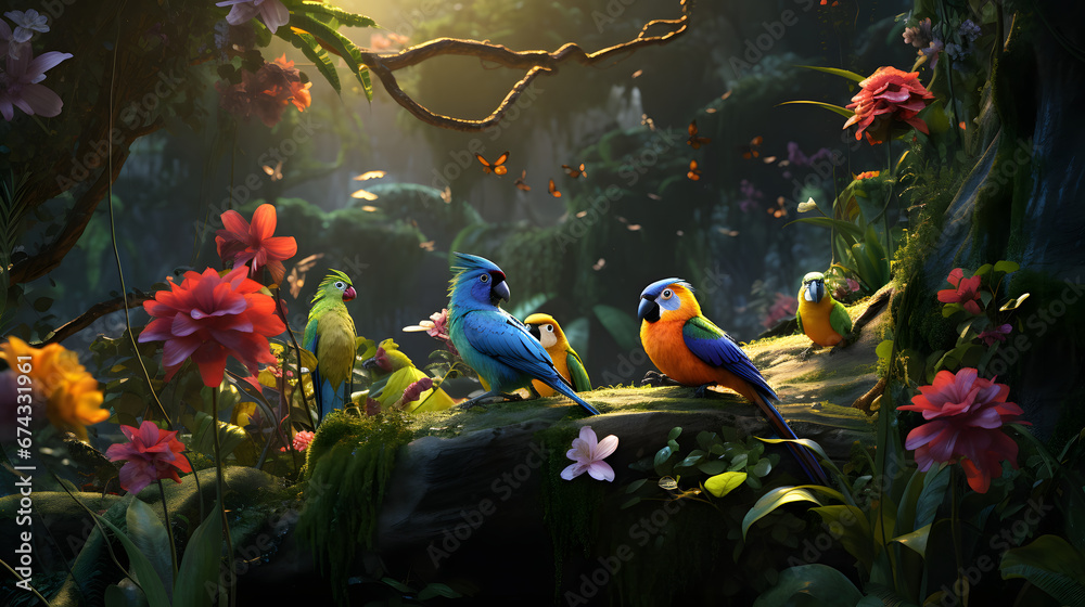 Exotic tropical rainforest, teeming with a vibrant array of flora and fauna, as exotic birds ...