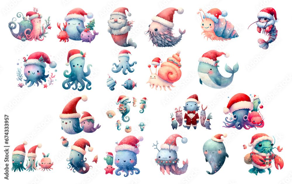 Christmas Animal cartoon set, Watercolor Sea Animal characters ...