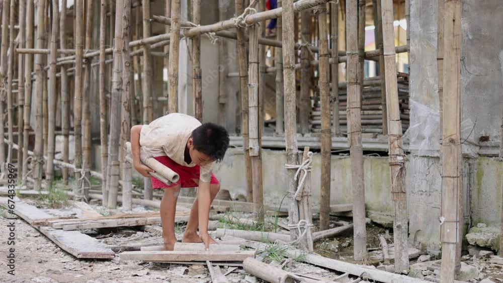 Poor children at the construction site were forced to work. Concept ...