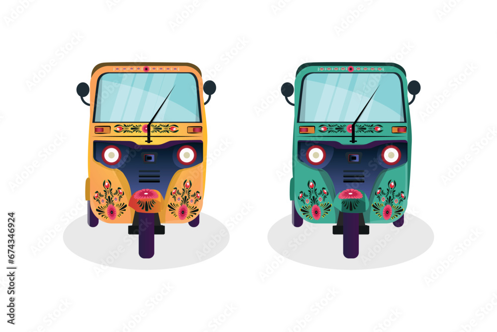 Set of yellow and Green auto-rickshaw illustrations in India. with ...