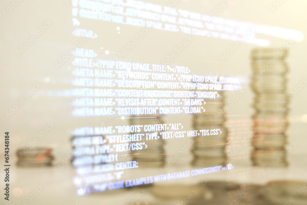 Multi exposure of abstract programming language hologram on growing ...