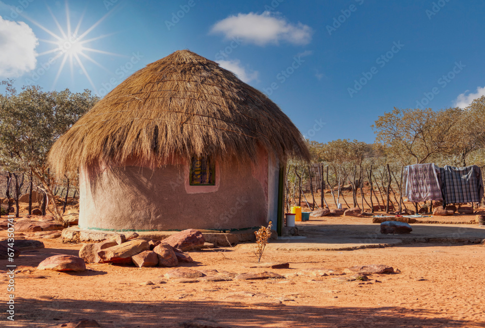 kraal, mud hut with thatched roof, village cattle post homestead in the ...