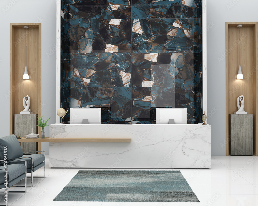 Luxury office lobby with white marble reception desk and two computers ...