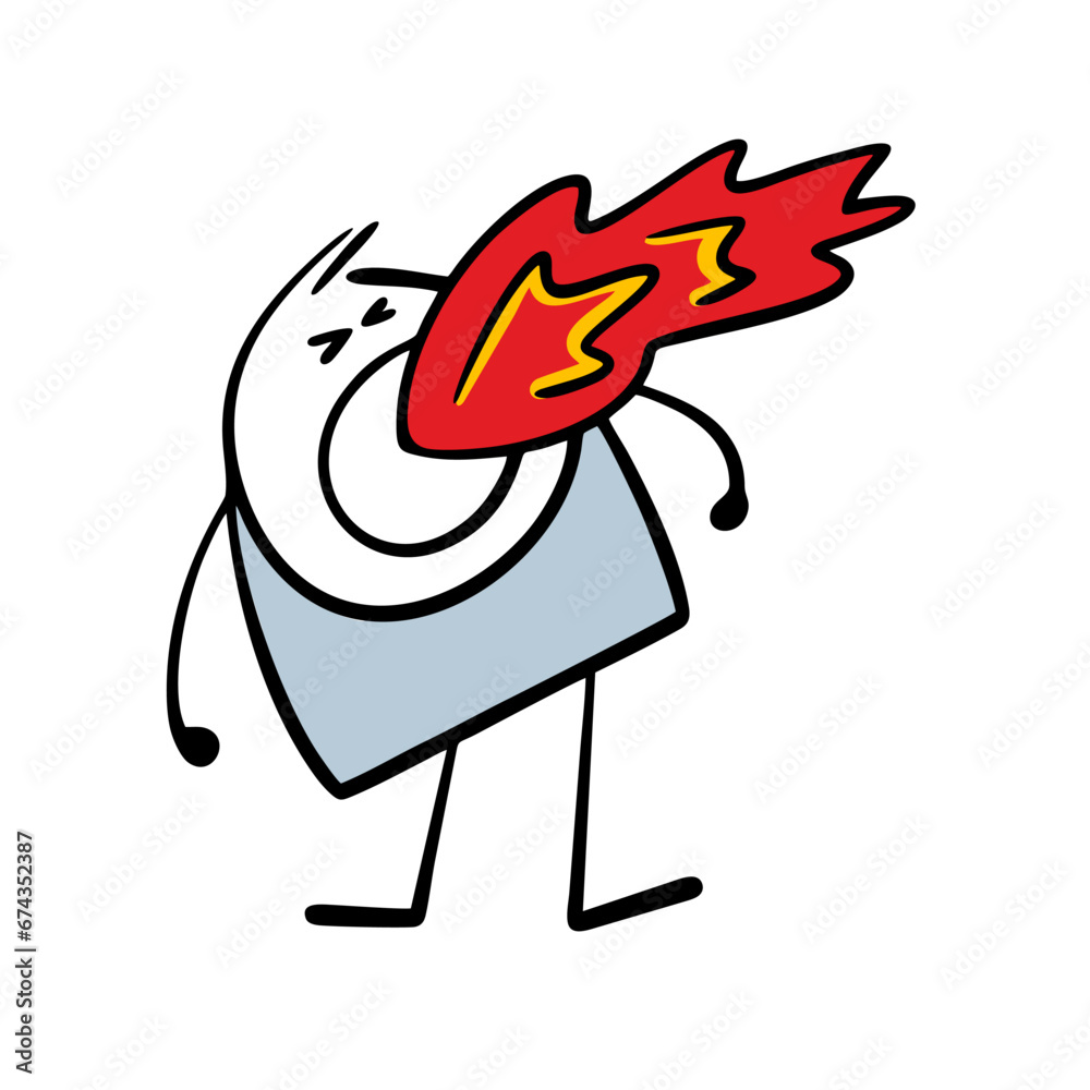 Aggressive man clenched his fists, screams loudly and spews flames from ...