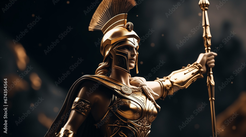 Goddess Athena with helmet, golden armor, and spear in hand ready for ...