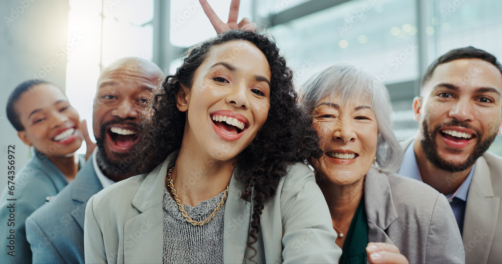 Happy business people, face and office selfie for photography, team ...