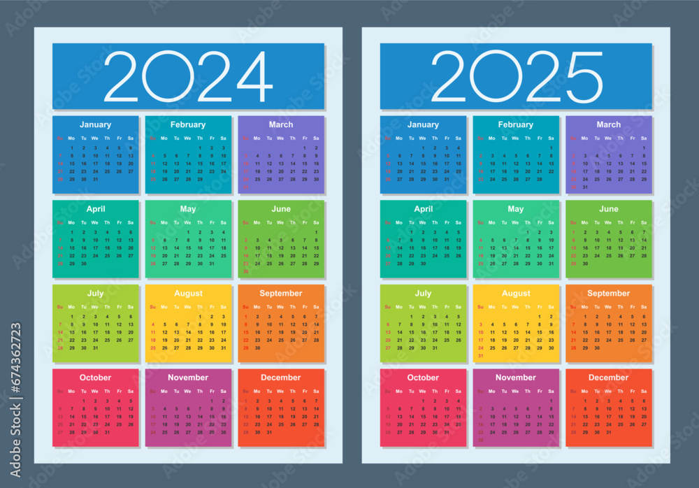 Colorful calendar for 2024, 2025 years. Week starts on Sunday. Vertical ...