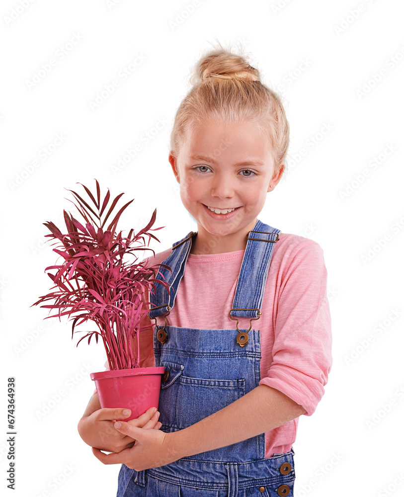 Portrait, plant and smile of child with pot isolated on transparent png ...