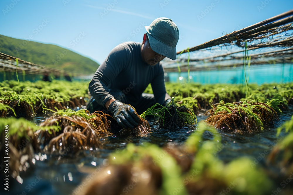 art of seaweed farming, embodying rows of seaweed, underwater gardens ...