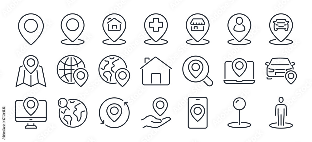 Pin, map, address, point, marker editable stroke outline icons set ...