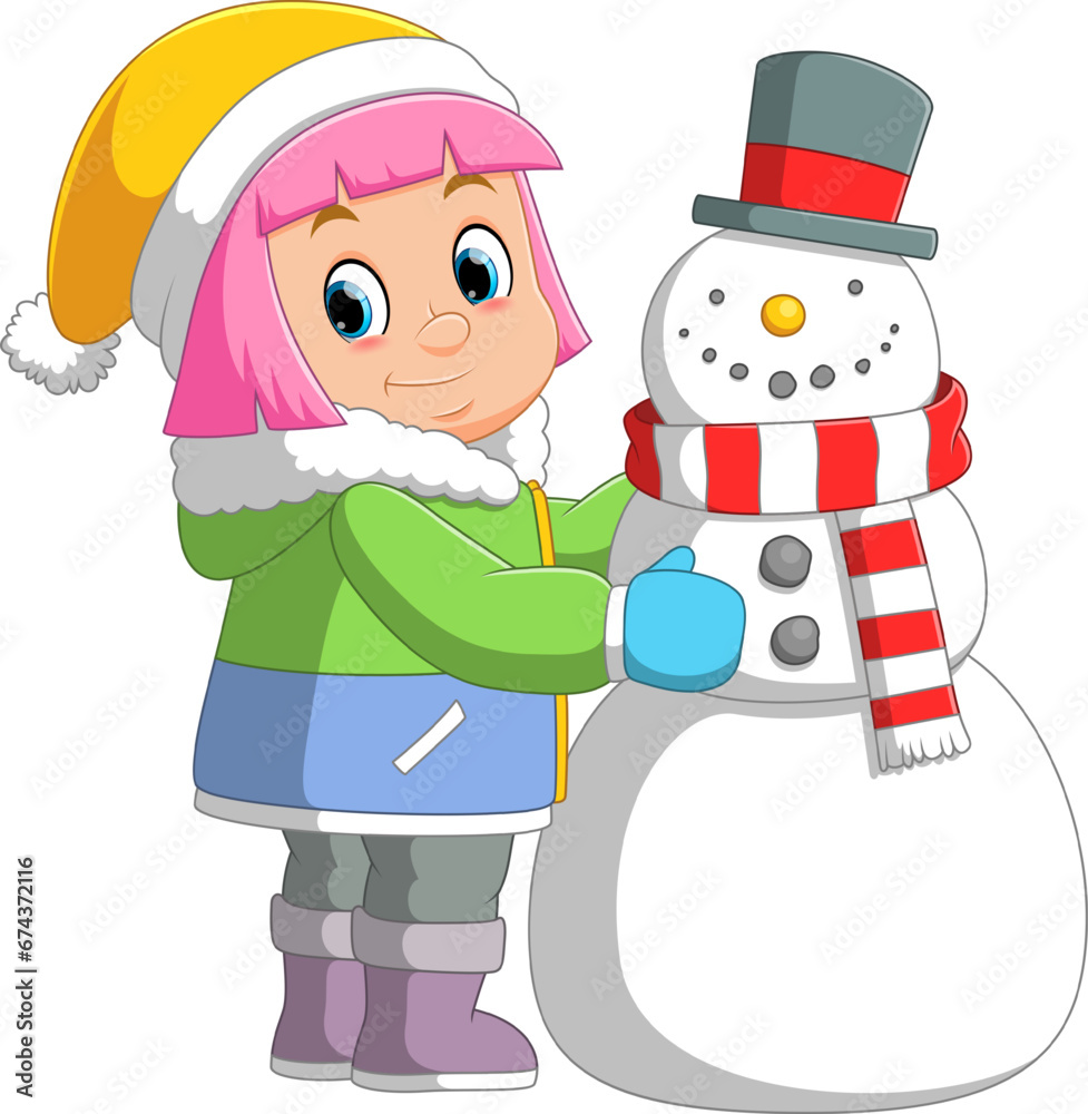 Cartoon little girl building a snowman Stock Vector | Adobe Stock