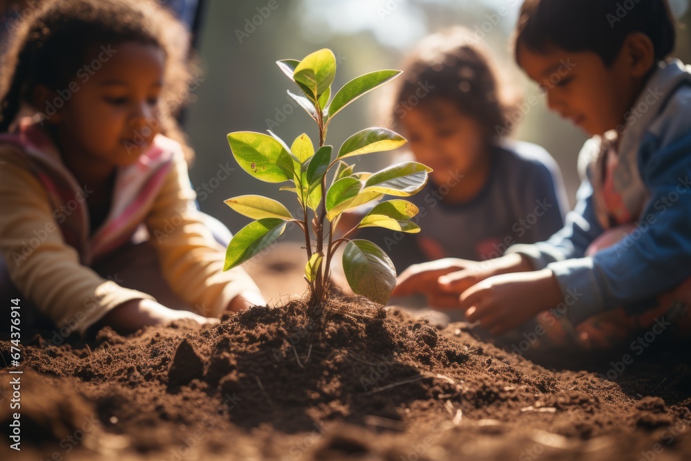 Beautiful little multi-ethnic children bend over a tiny green sprout in ...