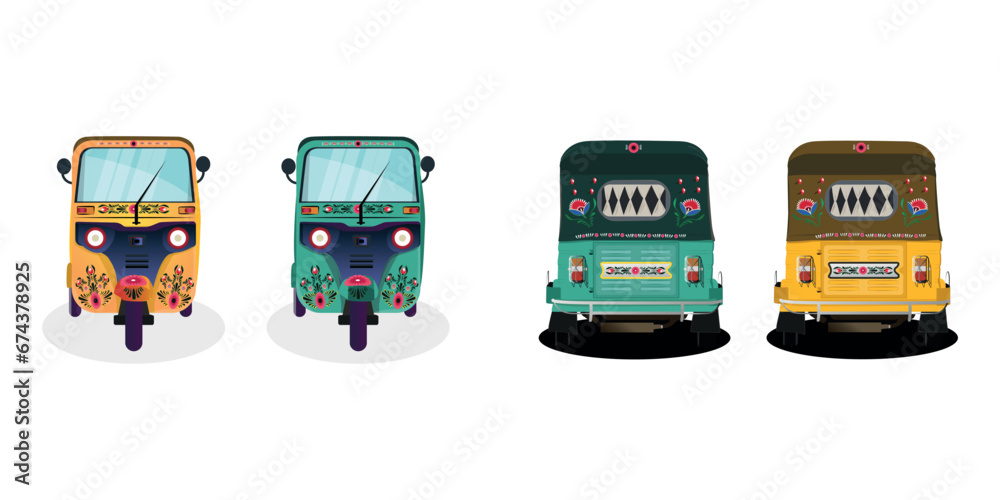 Set of yellow and Green auto-rickshaw illustrations in India. with ...