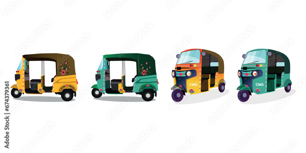 Set of yellow and Green auto-rickshaw illustrations in India. with ...