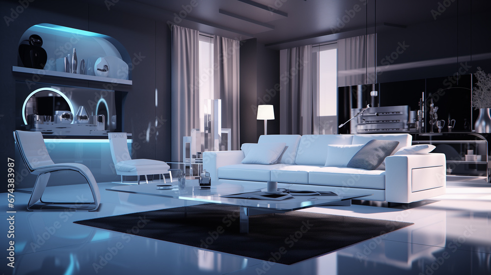 Hi-tech style, Living Room, sofas, armchairs, coffee table ...