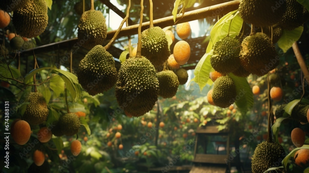 A Durian tree full of hanging fruits in various stages of ripeness ...