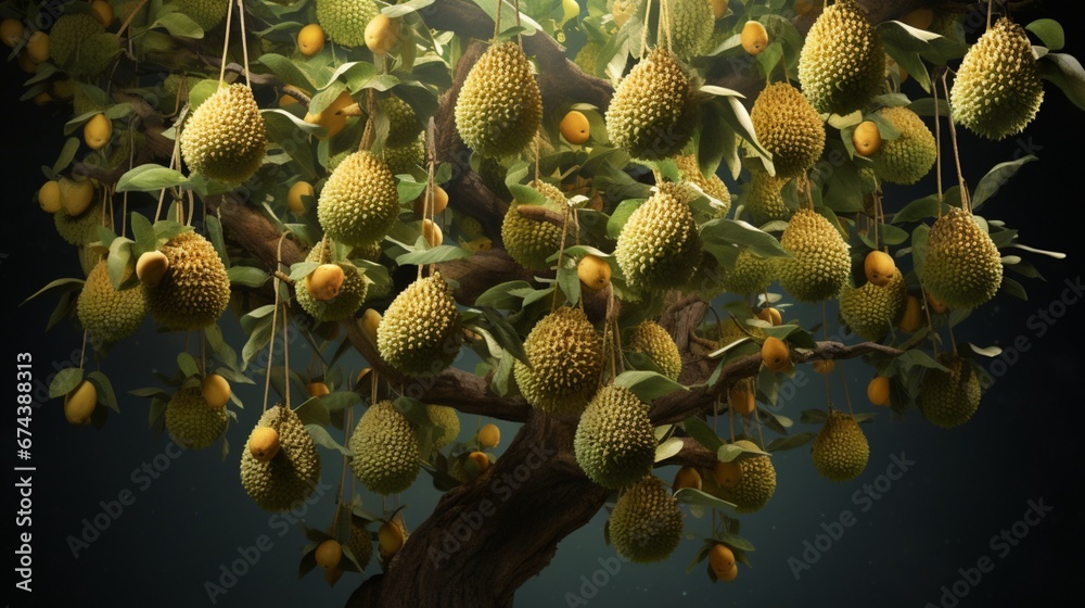 A Durian tree full of hanging fruits in various stages of ripeness ...