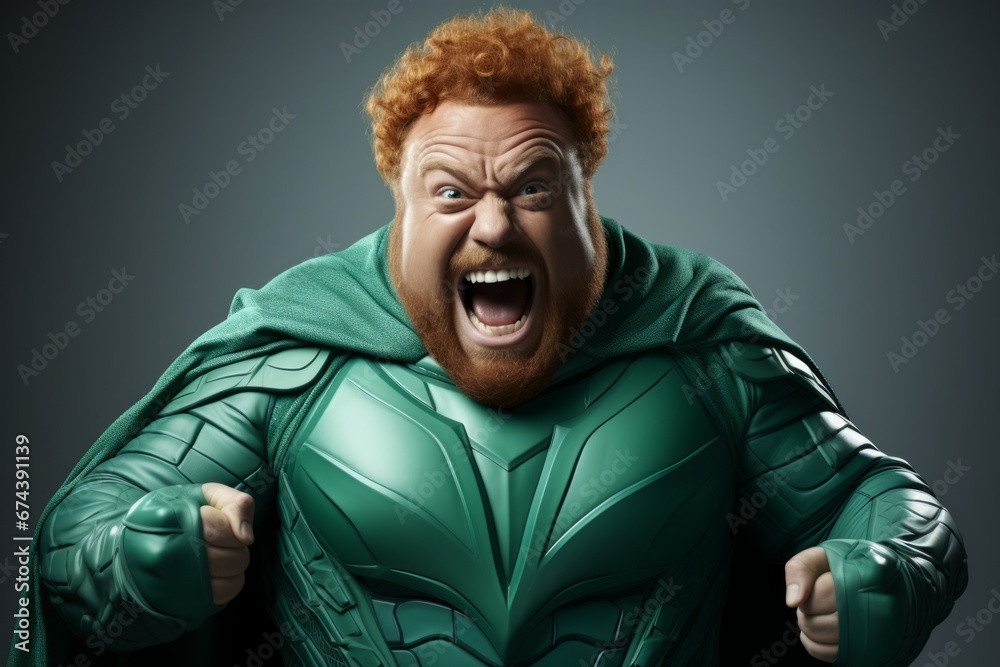 Comic portrait of a fat redhead bearded man in green superhero costume ...