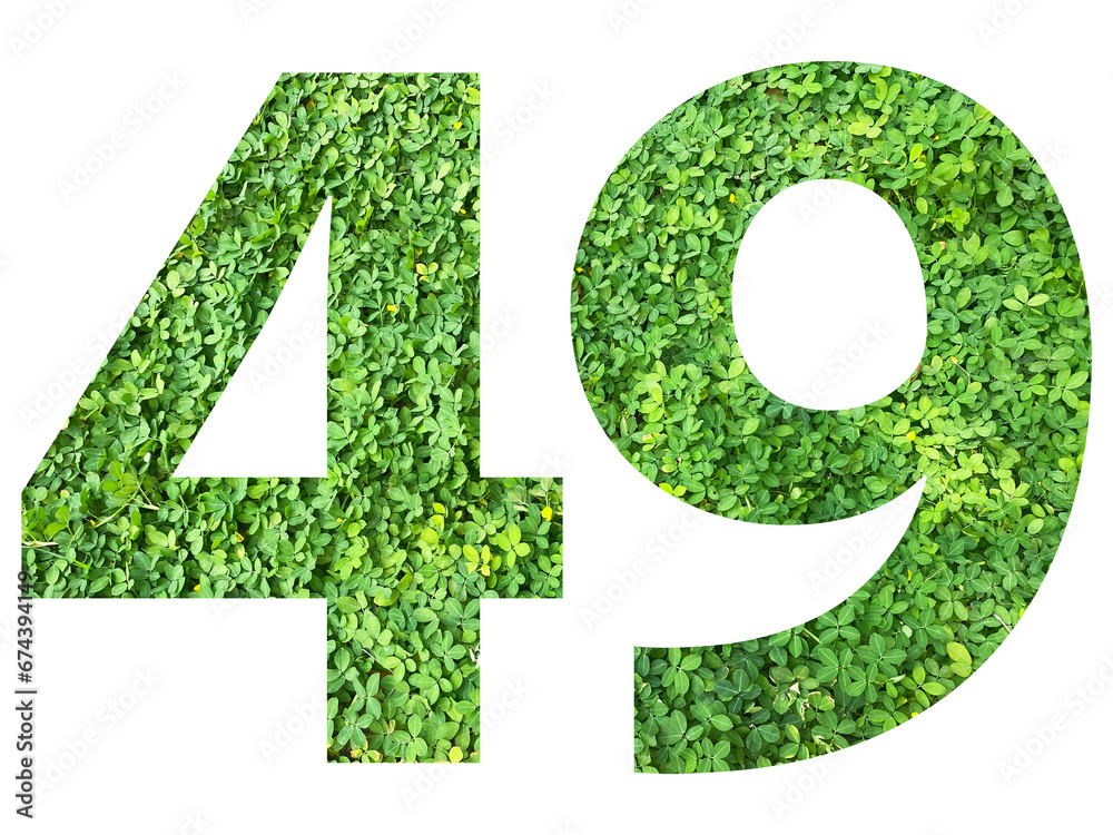 The shape of the number 49 is made of green grass isolated on ...