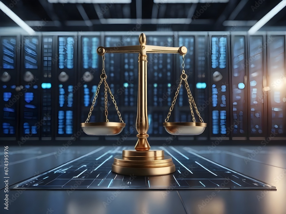 Symbolic representation of law scales of Justice in a dark data center ...
