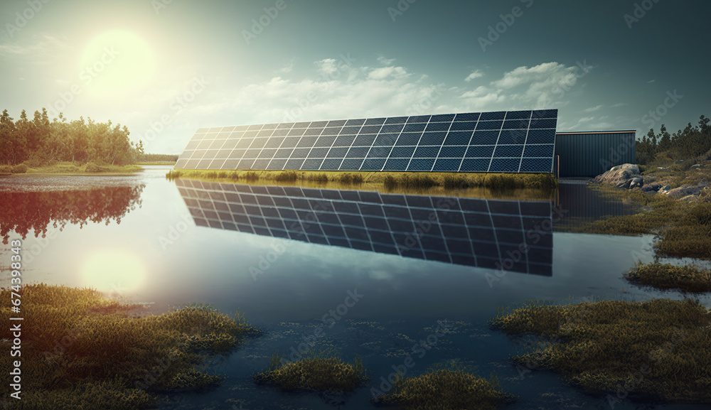 future sci-fi futuristic solar cell big panels in lake ecology green ...