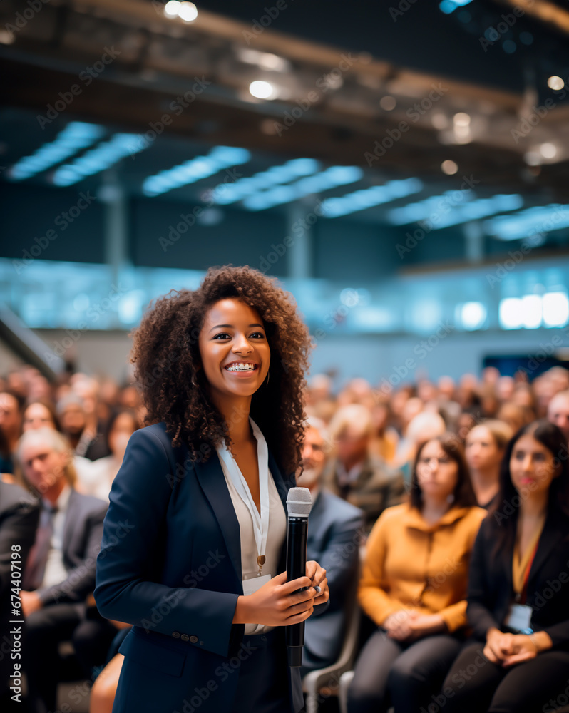 Female keynote speaker or influencer holding a motivational ...