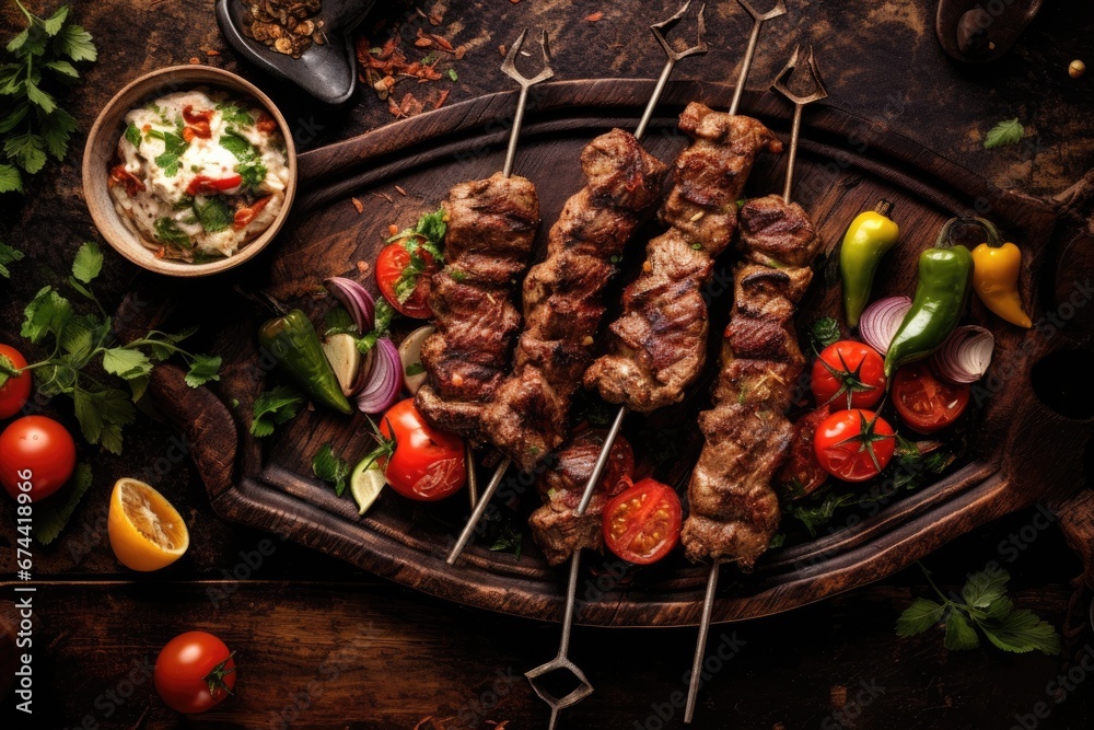 Pork kebab on skewers with herbs and vegetables, Middle eastern, arabic ...