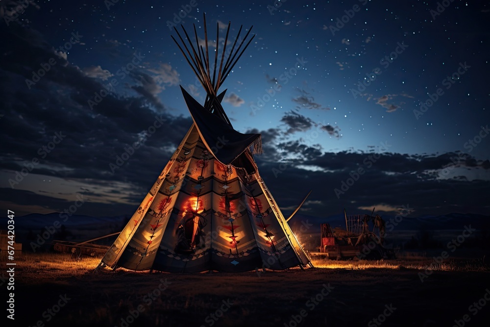 Native american indian teepee at night. 3D rendering, Native american ...