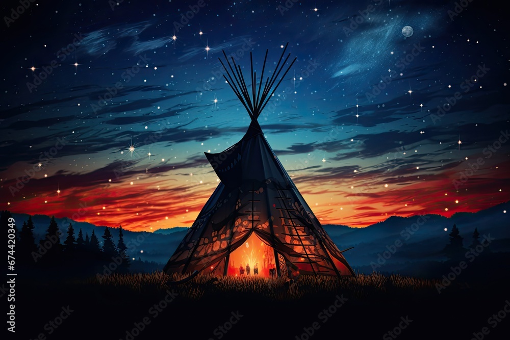 Silhouette of indian teepee at night. Vector illustration, Native ...