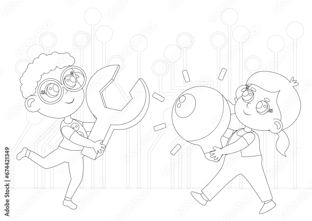 Coloring page. Kid Inventors Day. A boy and a girl carry a huge light ...