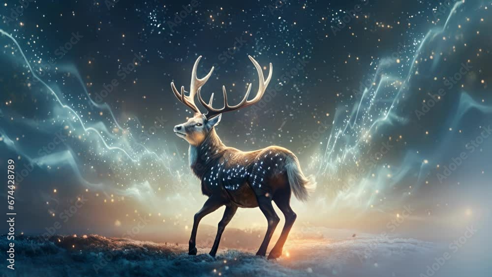 A magical reindeer with shimmering gold antlers, pulling Santas sleigh ...