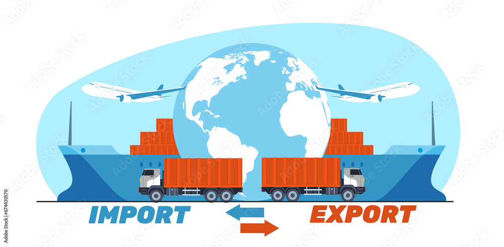 Concept of exporting and importing cargo around world, global logistics ...
