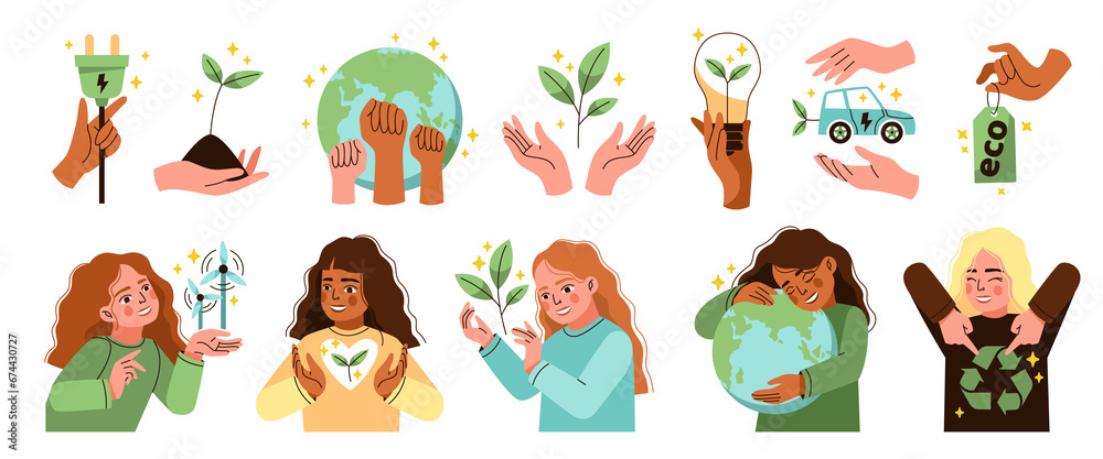 People save planet. Cartoon cute girls with green ecological symbols ...