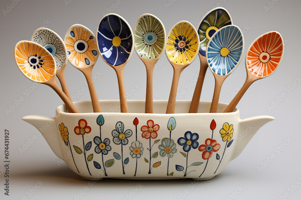 Several ceramic spoons are stored in a matching ceramic holder, adding ...