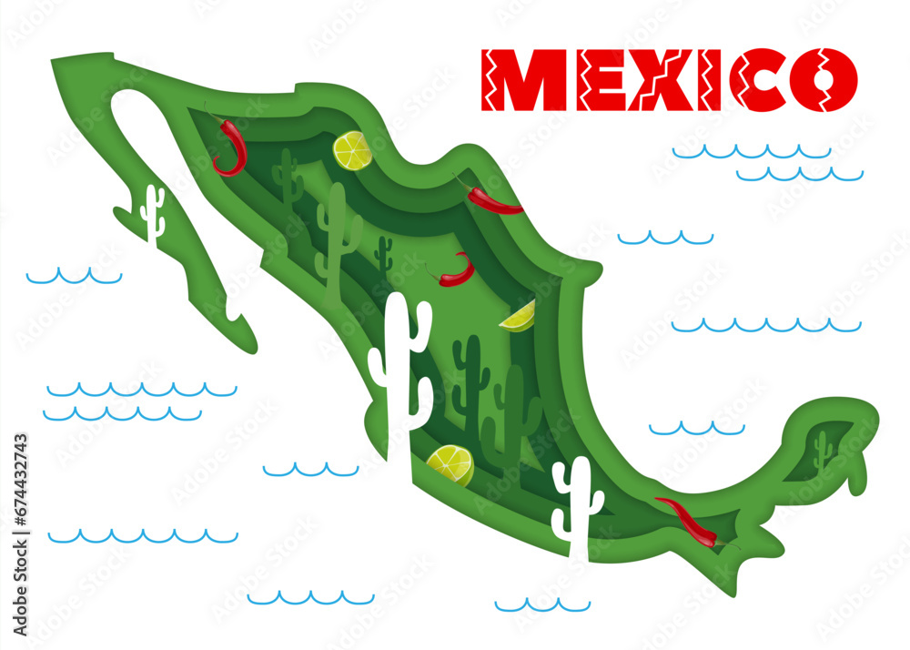 Paper cut map of Mexico with Mexican cactus, limes and chili peppers ...