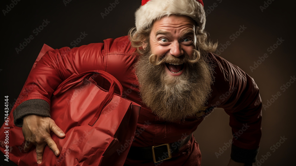 funky fat santa claus hold gift wish bag travel around world on ...