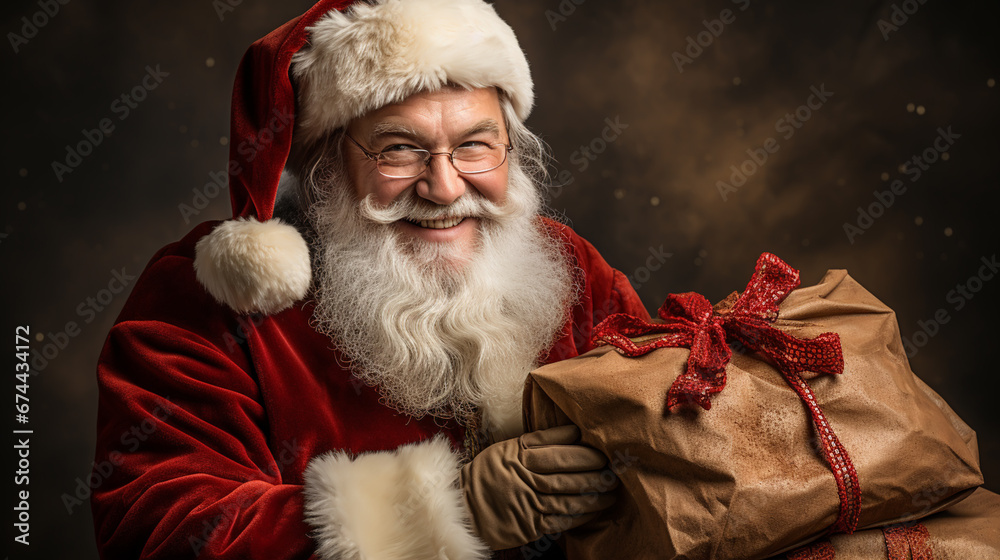 funky fat santa claus hold gift wish bag travel around world on ...