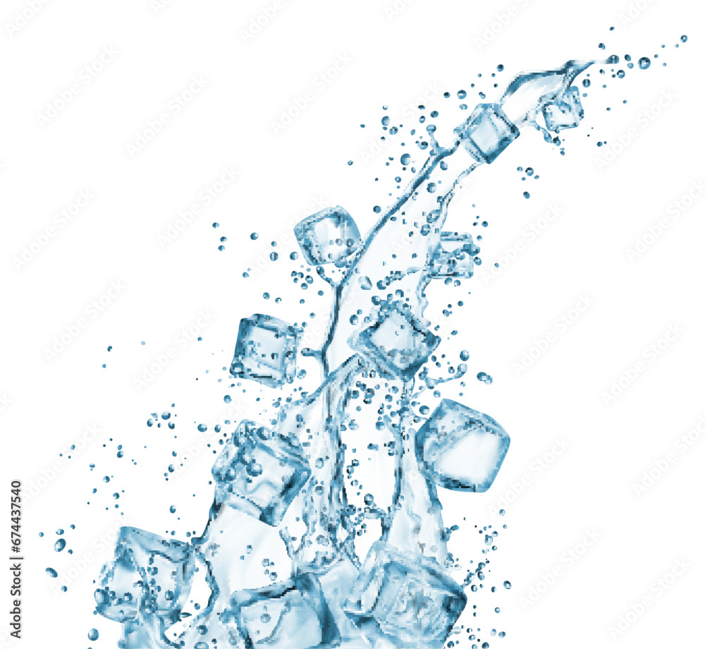 Liquid water flow splash with ice cubes and droplets in pouring spill ...