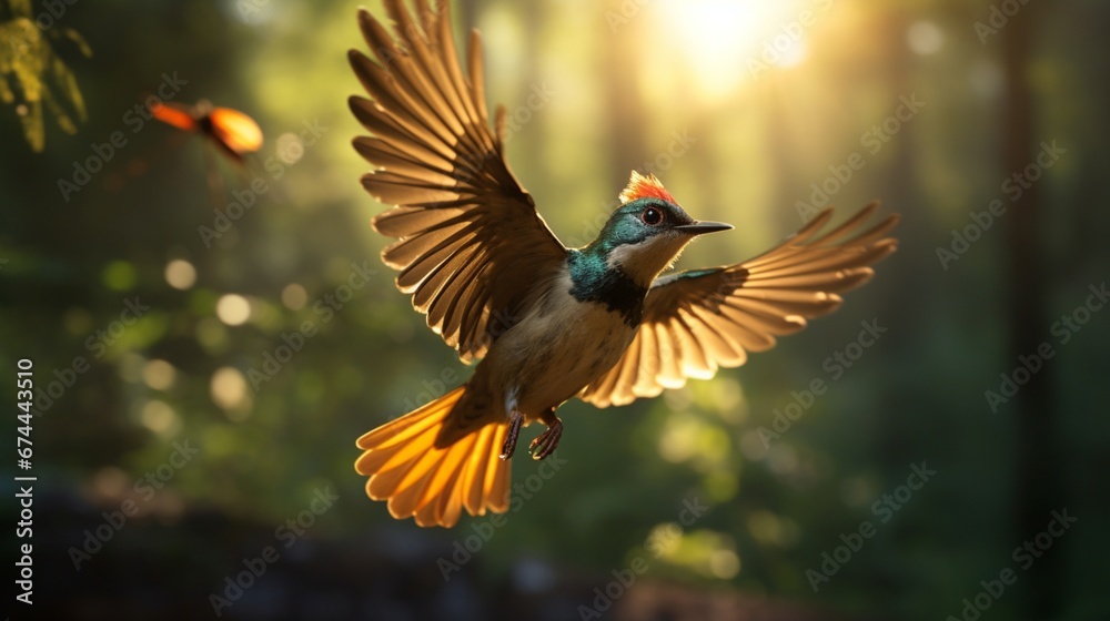 An Amazonian Royal Flycatcher in a dynamic mid-flight pose, its vibrant ...
