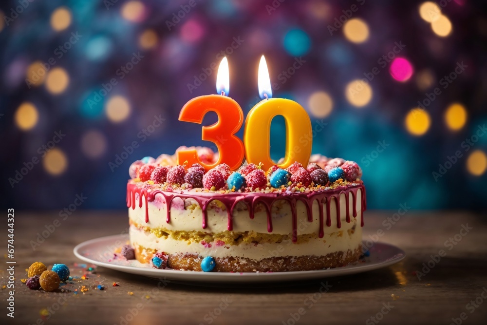 Sweet Birthday cake with number 30 on top on colorful bokeh background, 30th years old happy ...